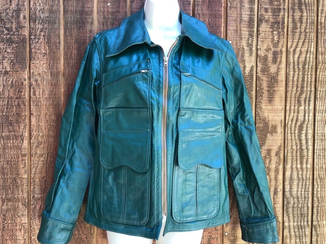 Reversible Green Leather and Suede Zipper Closure Collared Long Sleeve ...