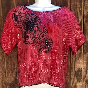 Vintage 90s Red Sequin Top // Small // 1990s Silk Sparkly Party Wear ...