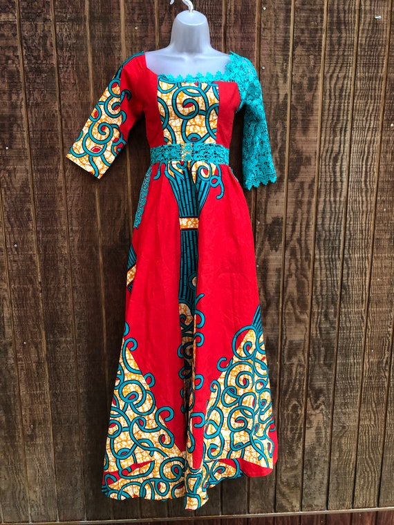 Hand made maxi dress 70s inspired small red and blue - Gem