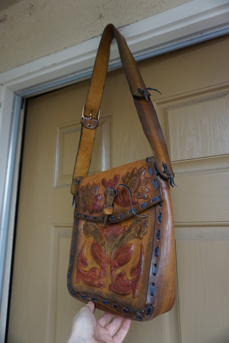 Vintage Brown Pressed Leather Purse Long Handle Strap Shoulder - Etsy