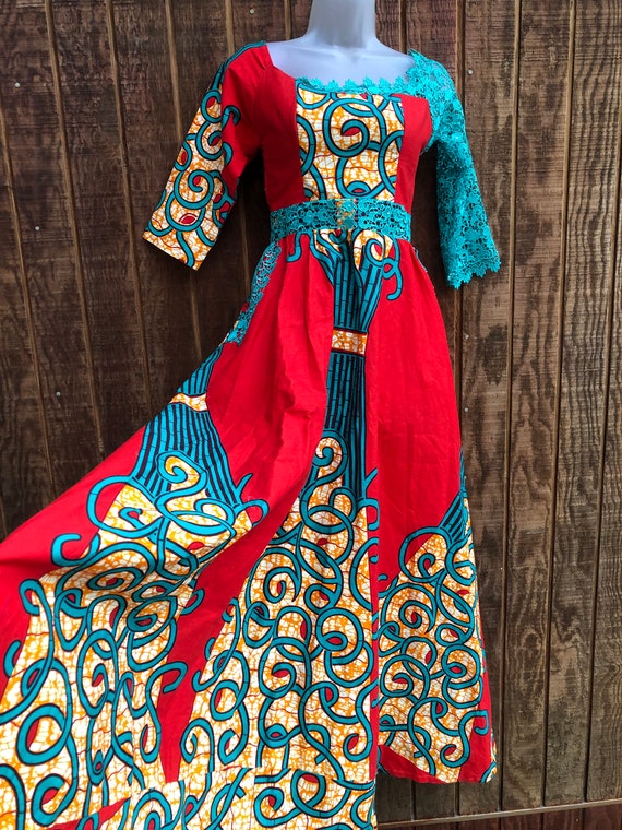 Hand made maxi dress 70s inspired small red and blue - Gem