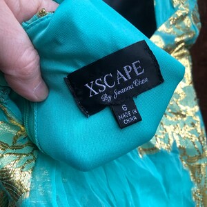 XSCAPE Aqua Green and Gold Floral Hostess Goddess Dress Sleeveless Maxi ...
