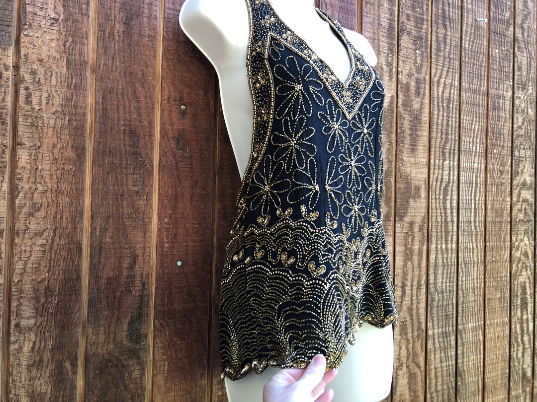 Mark and John by Gopal Size Small 1990s Beaded Sequined Halter Top Sparkly Shirt Sequin Sexy ...