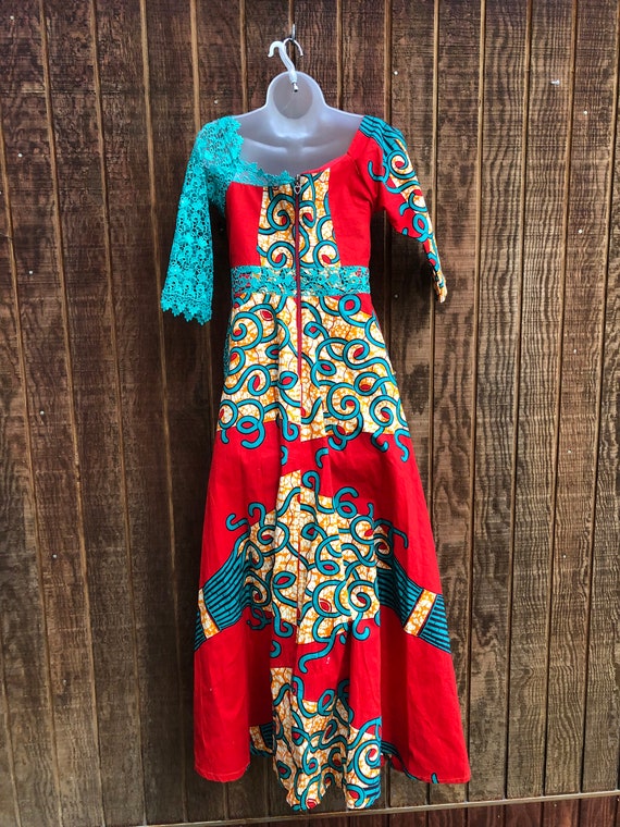 Hand made maxi dress 70s inspired small red and blue - Gem