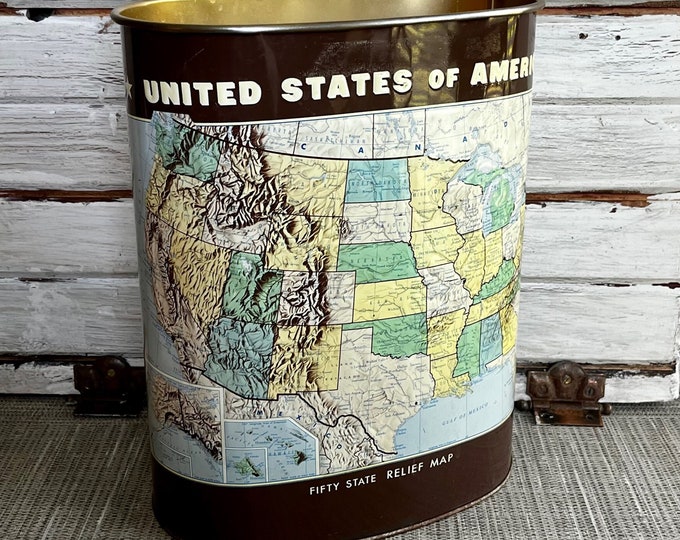 Midcentury Metal Map Trash Can, Vintage Raised Map of United States ...