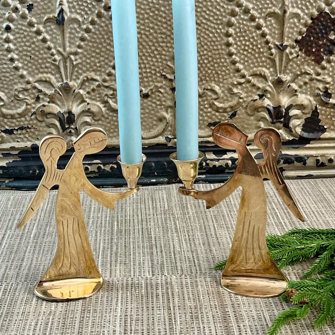 Vintage Pair of "flat" Brass Angel Candle Holders, Holiday Brass ...