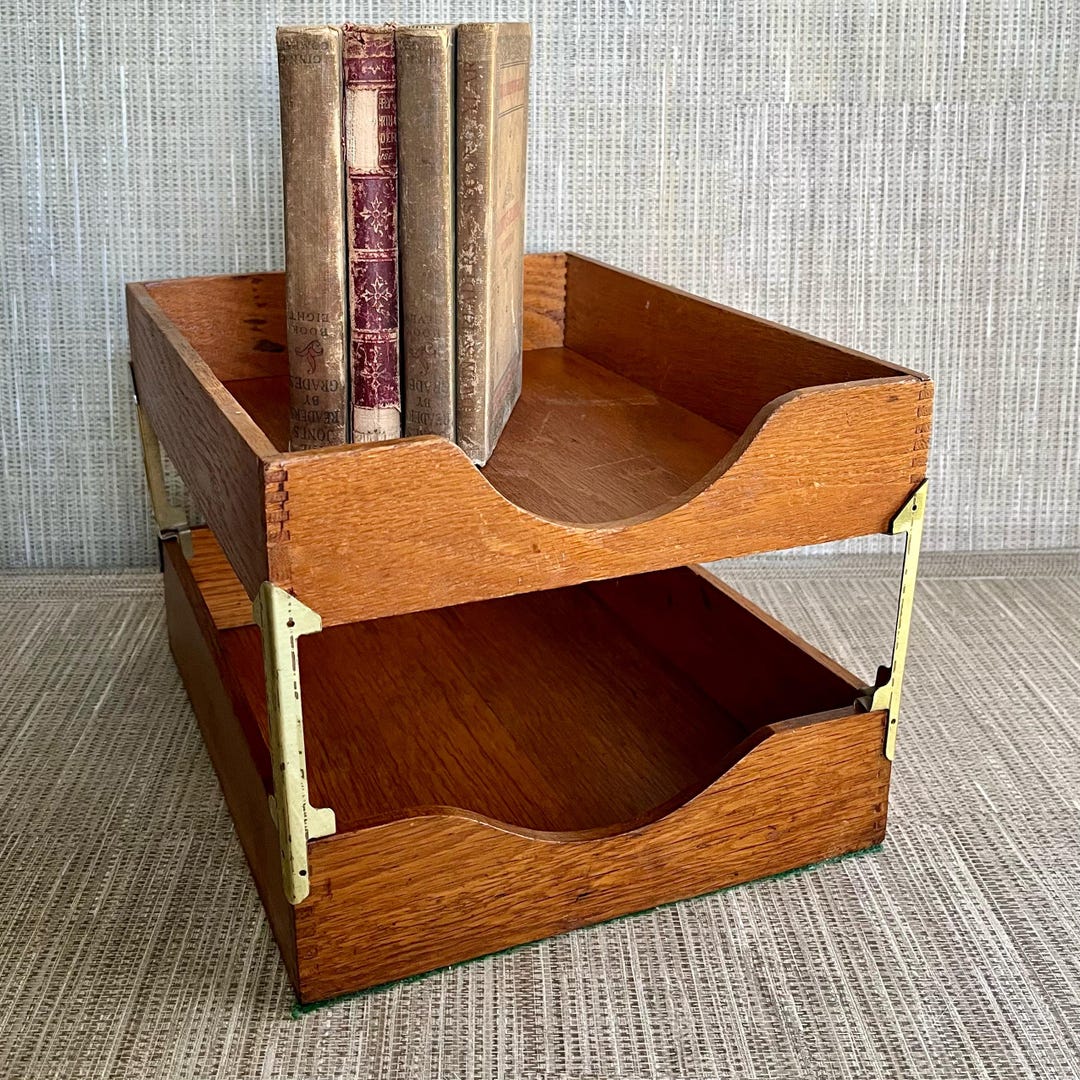 Vintage Wood Desk Tray, 2 Tier Stacking Letter Size Paper Tray, Dove ...
