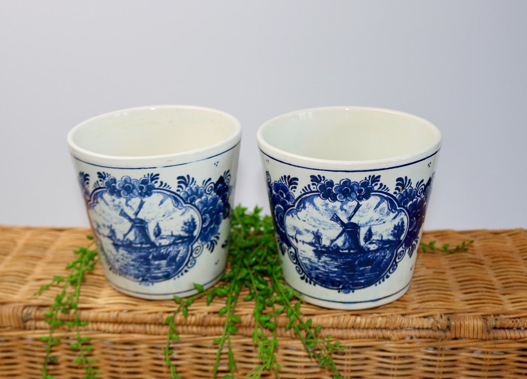 Vintage Pair of Ceramic Flower Pots, Blue and White Delph Handprinted ...