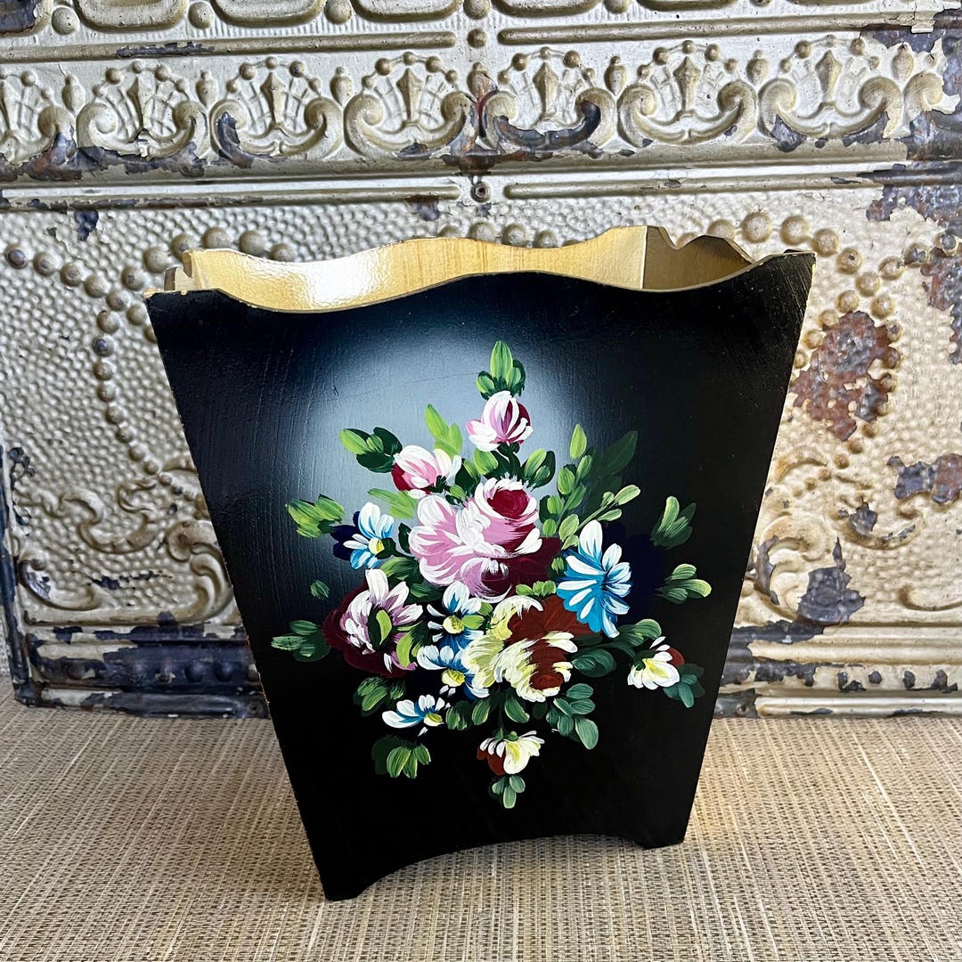 Vintage Midcentury Italian Hand Painted Wastebasket, Wood Trash Can ...