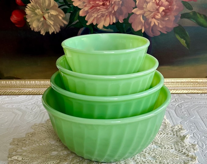 FIRE KING Jadeite Jadite Swirl Mixing Bowl Set of 4 Green Milk Glass ...