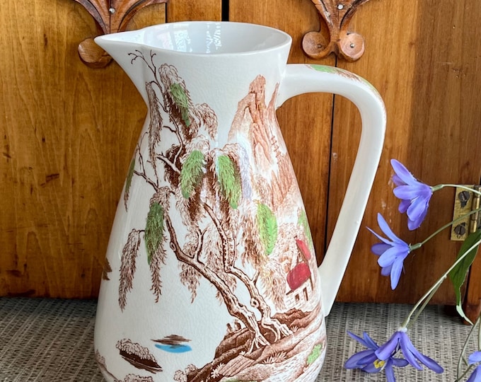 Vintage Antique Brown Transfer Ware Pitcher, Landscape Design, Large ...