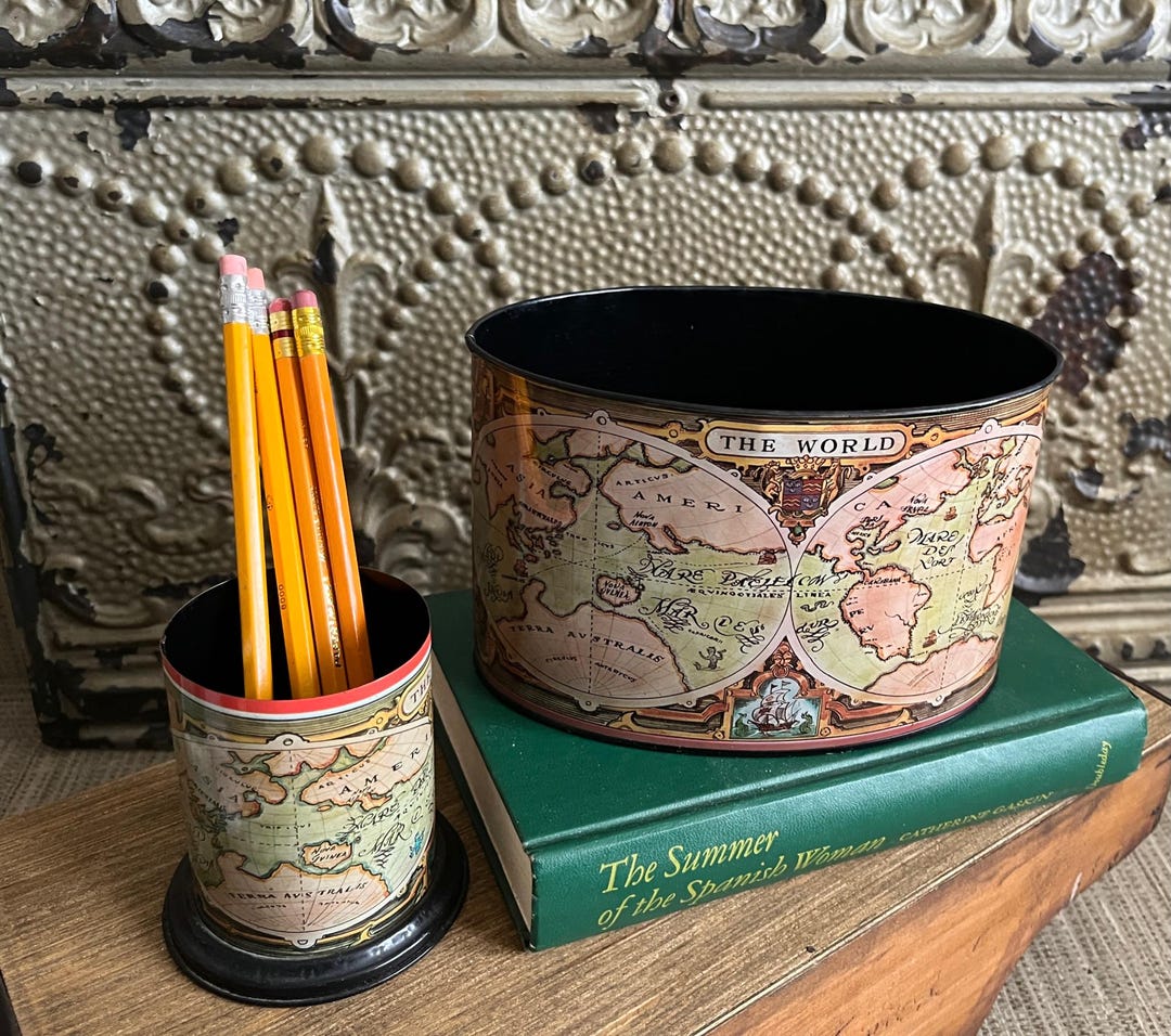 Vintage Map Themed Desk Set, World Map Pencil Holder, Storage Set ...