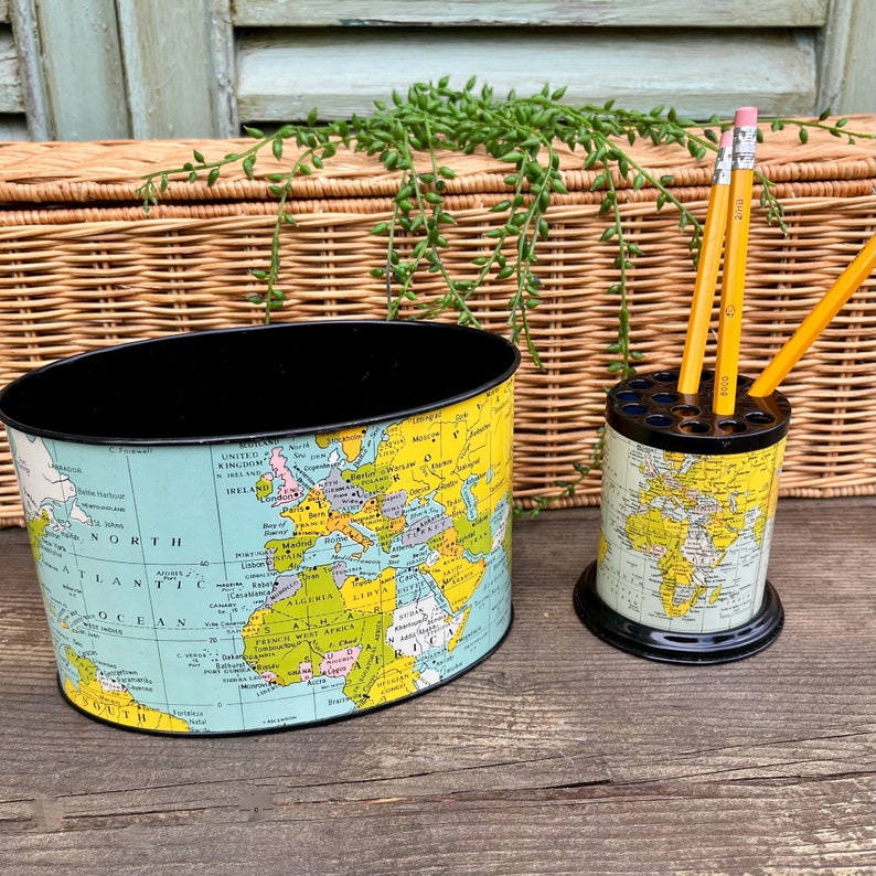Vintage Map Themed Desk Set World Map Pencil Holder Storage - Etsy