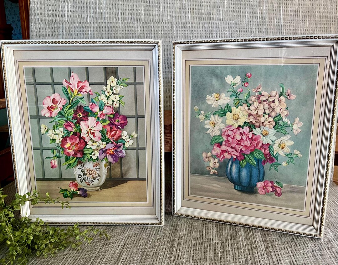 Vintage Set of Framed Floral Prints, Midcentury Prints and Solid Wood ...