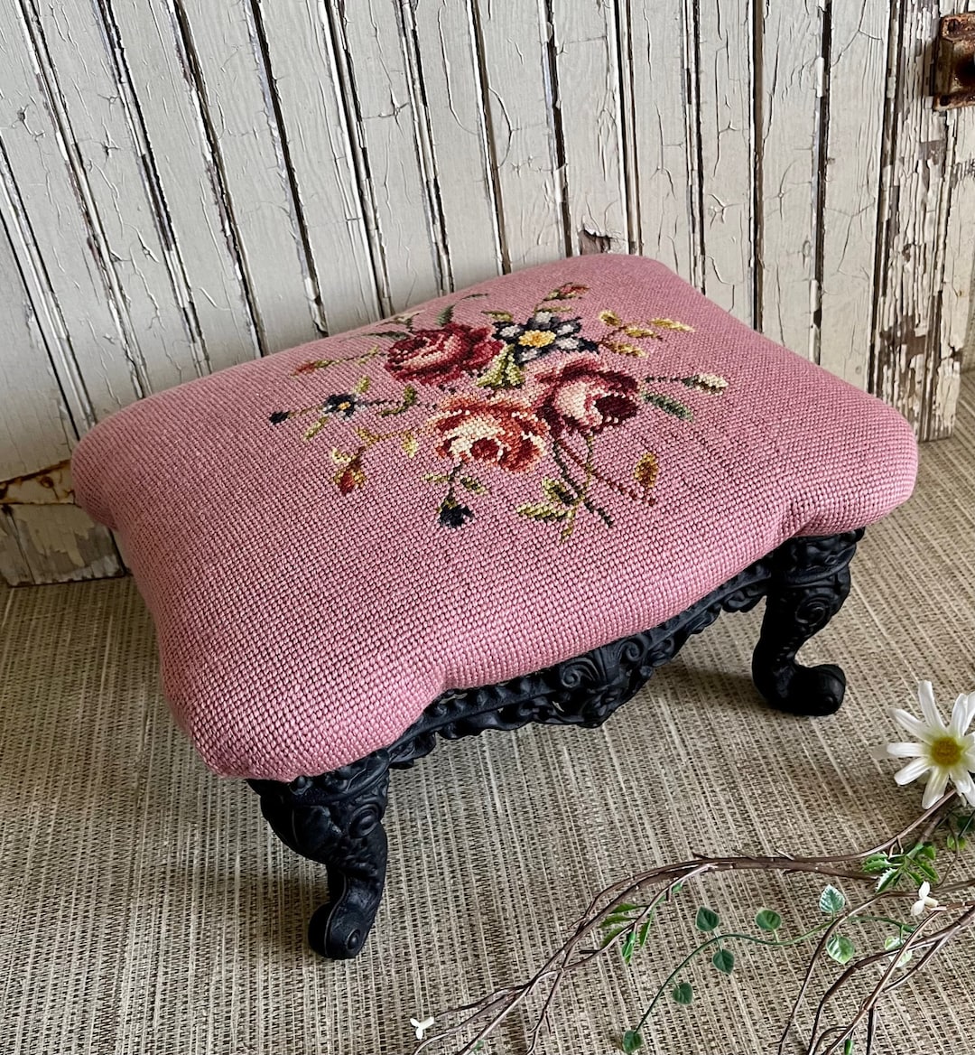 Vintage Needlepoint Footstool With Ornate Metal Legs, Pink Floral ...