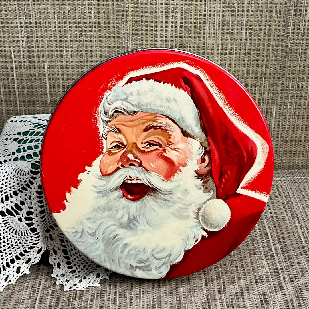 Vintage Mid-century Christmas Tin, Round Santa Tin , Marked Mrs Stevens ...
