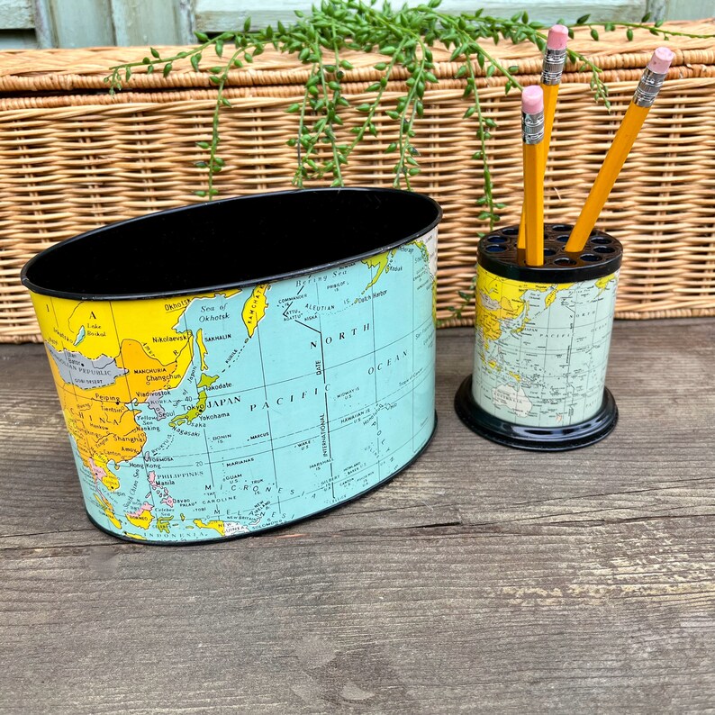 Vintage Map Themed Desk Set World Map Pencil Holder Storage - Etsy