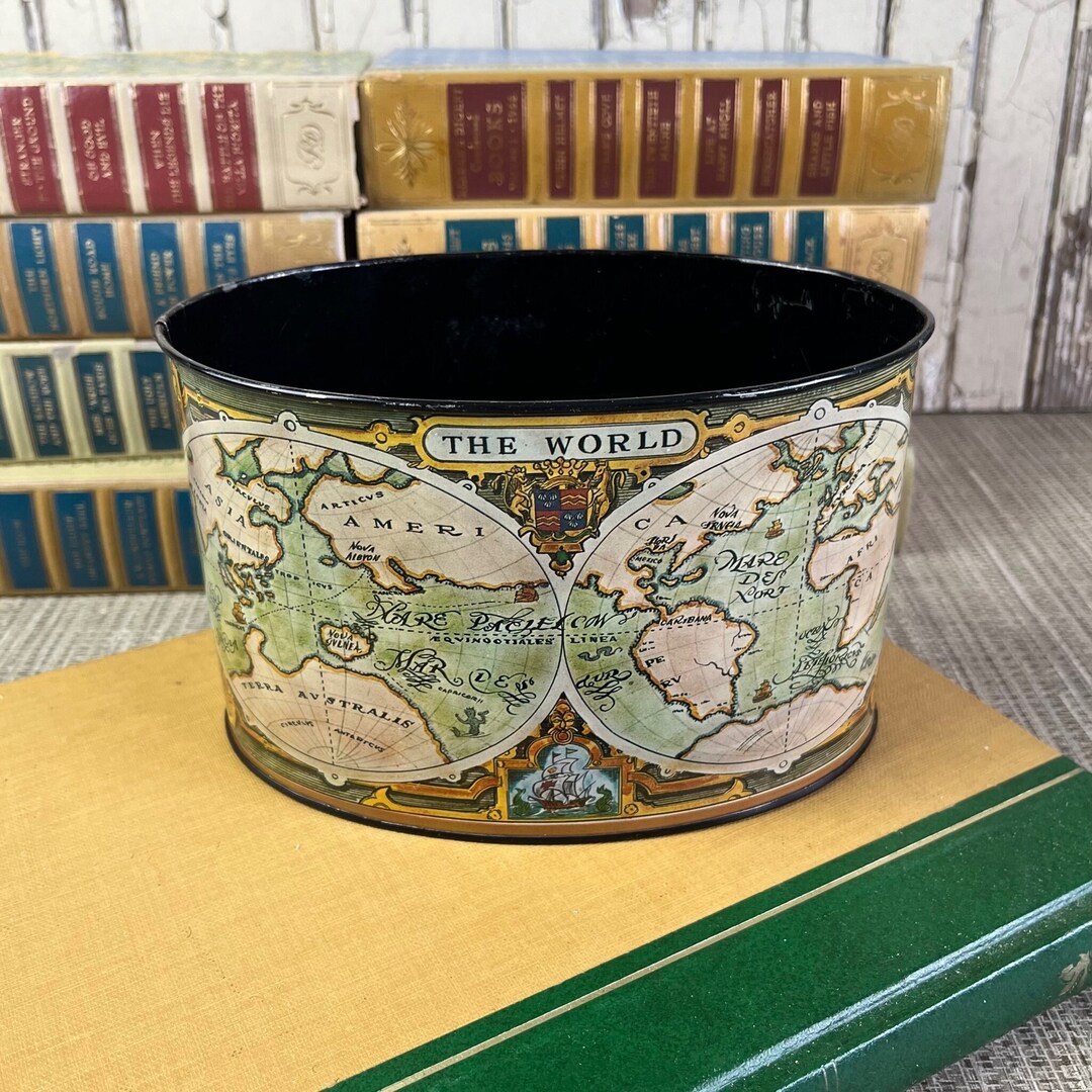 Vintage Map Themed Desk Organizer, World Map Metal Storage Piece ...