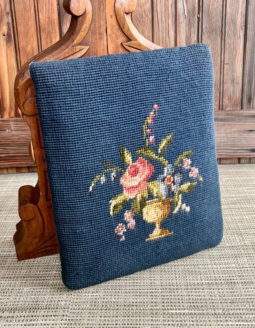 Vintage Hand Stitched Navy Blue Floral Needlepoint Decor, Free Shipping ...