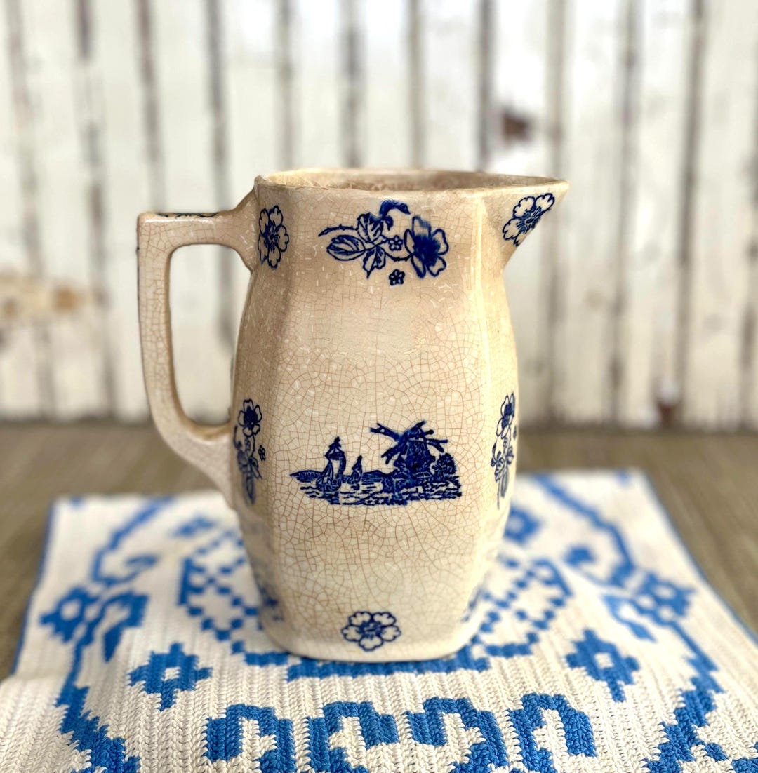 Vintage Gorgeous Small Stoneware Beige Pitcher With Blue Windmills and ...