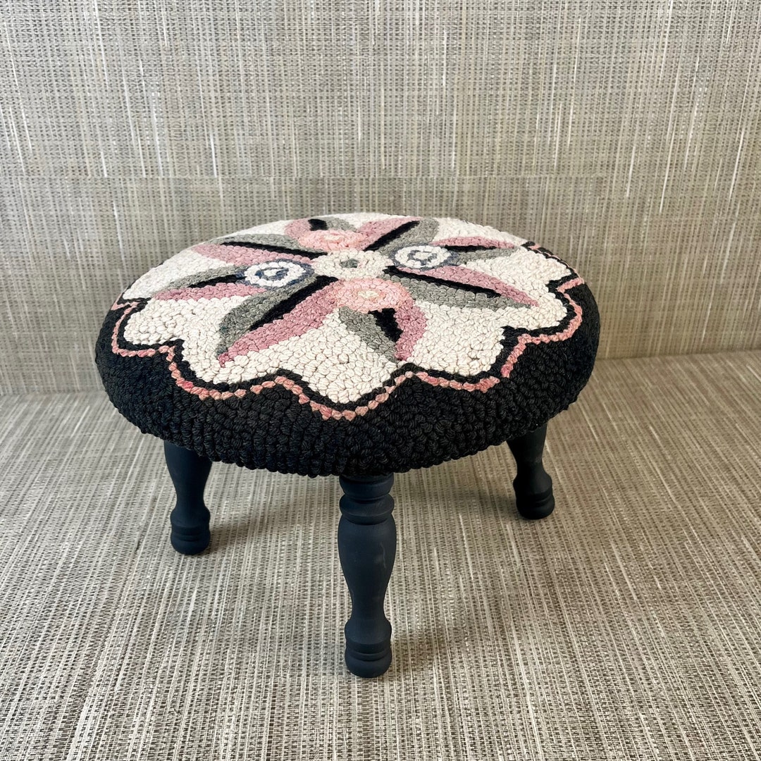 Vintage Midcentury Farmhouse Style Footstool With Round Hand Hooked Top ...