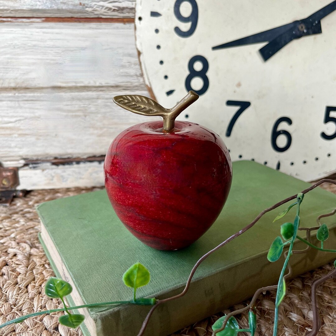 Vintage Marble Red Stone Apple Paperweight, Alabaster Apple With Brass ...