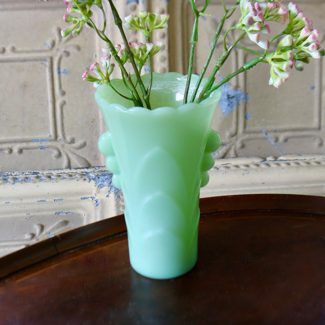 Vintage Art Deco Style Jadeite Vase by Fireking, Green Milk Glass Vase ...