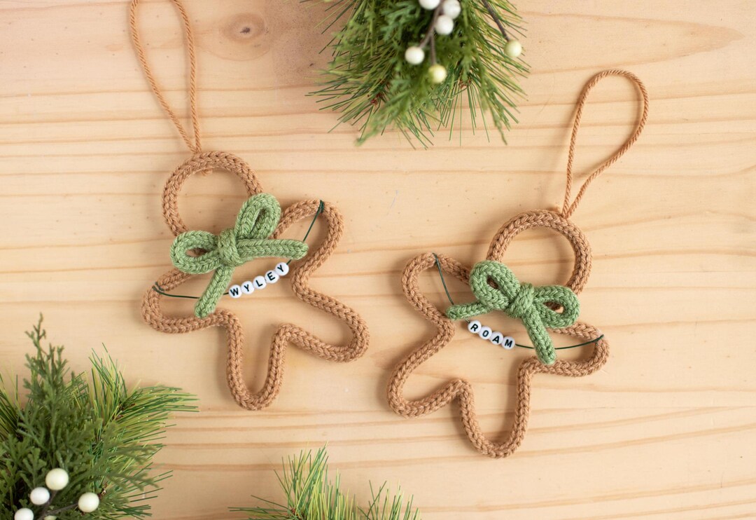 Personalized Knitted Wire Gingerbread Man Cookie Name Ornament With Bow ...