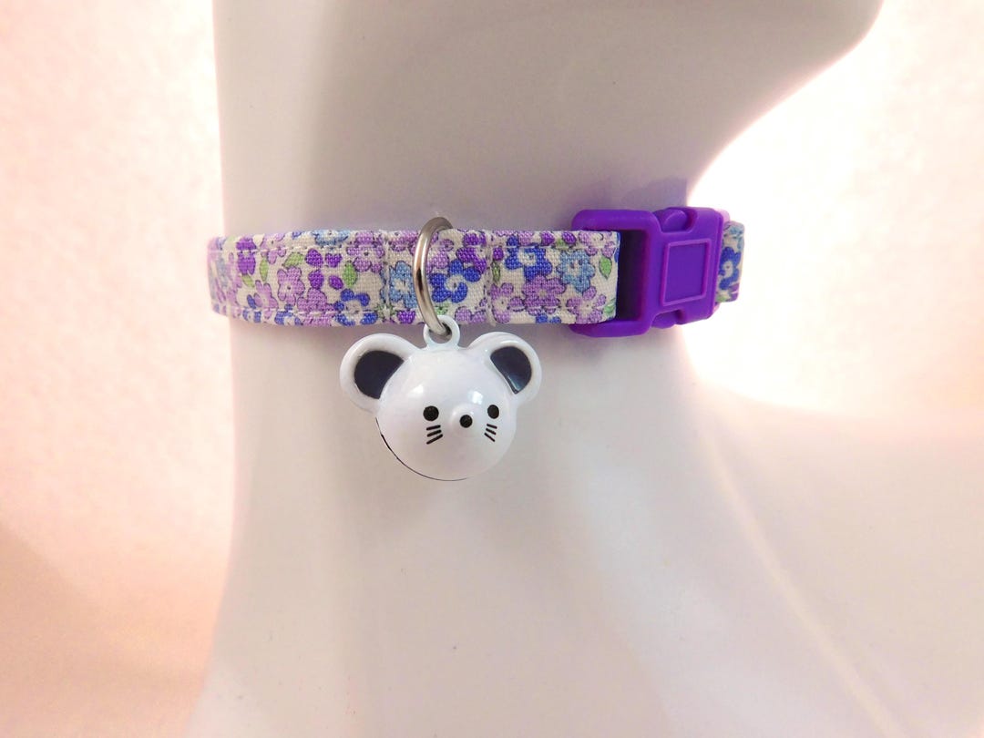 Cat Collar - Purple and White Floral With White Mousy Mice Bell ...