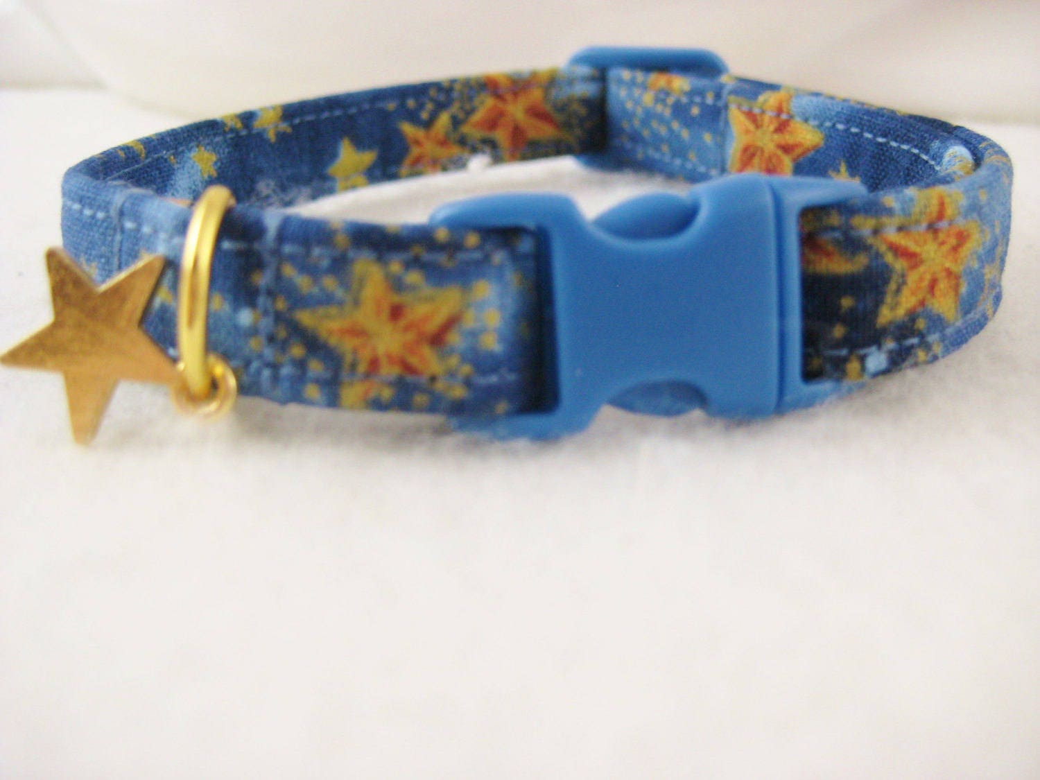 Cat Collar - Metallic Gold Stars on Denim Blue With a Gold Star Charm ...