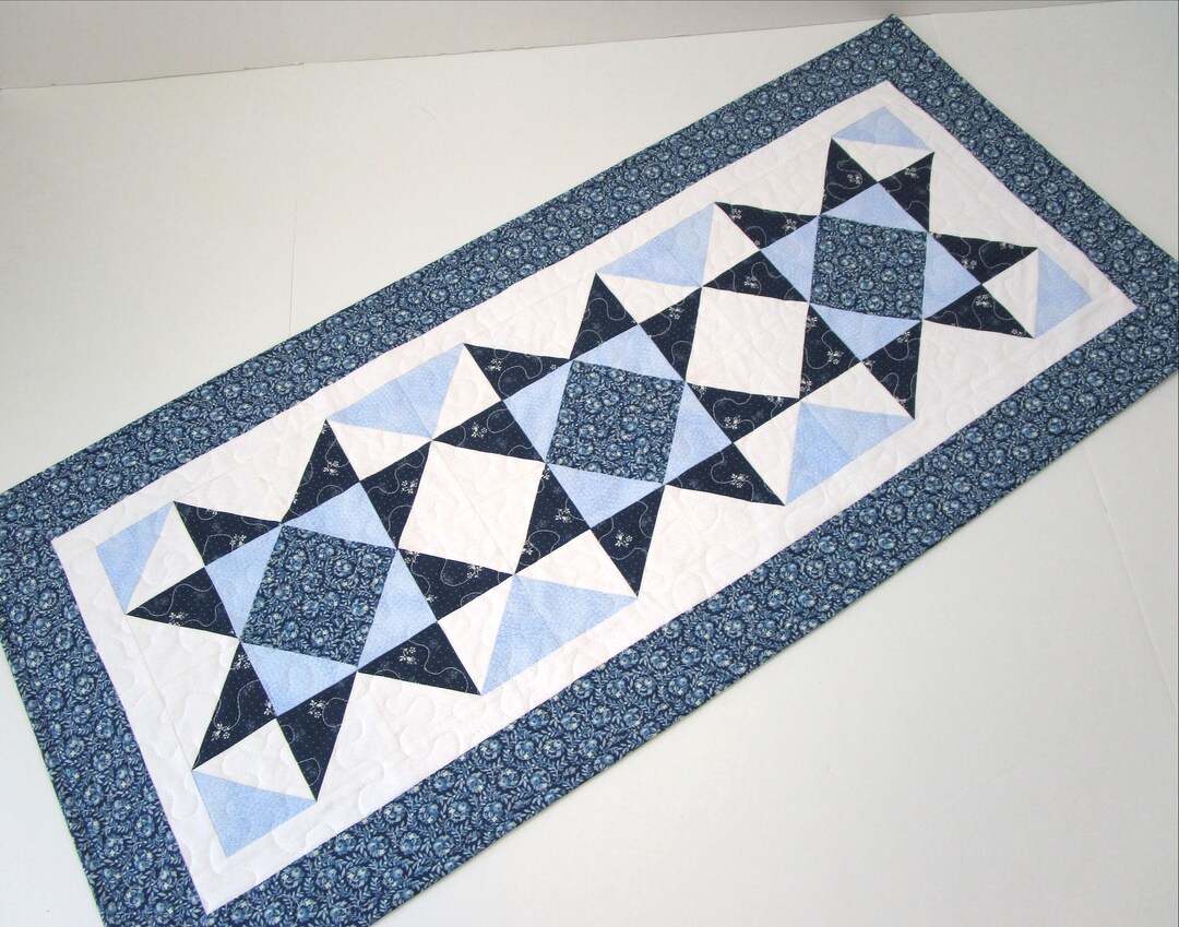 Quilted Table Runner, Quilted Star Table Runner, Blue Star Table Runner ...