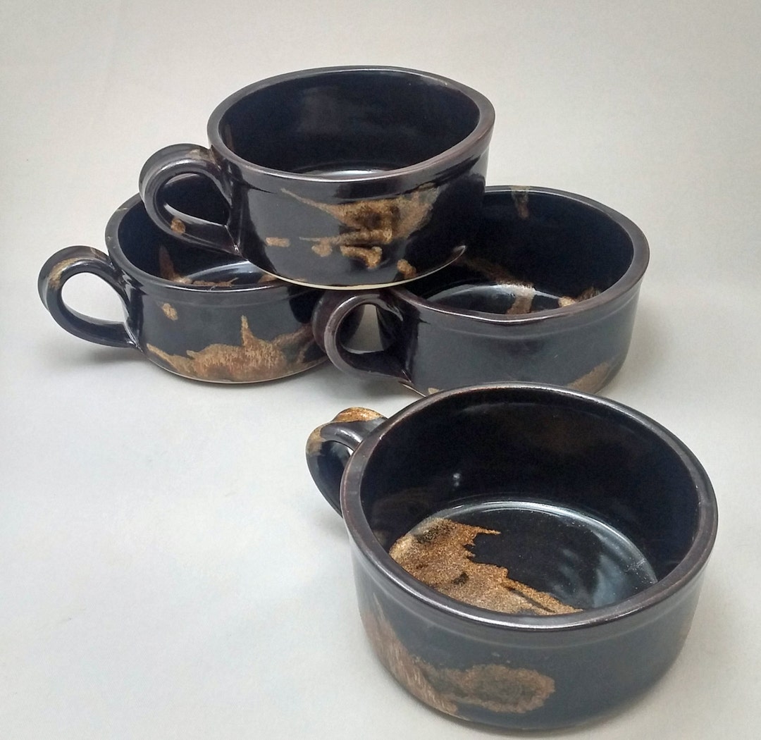 4 SOUP MUGS With Handles, Large Soup Bowls, 20 Oz Latte, Pottery ...