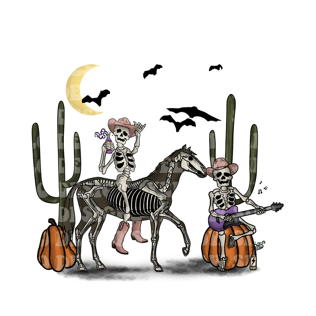 Cowboy Skeletons Skeleton Horse Halloween Western Hand Drawn ...