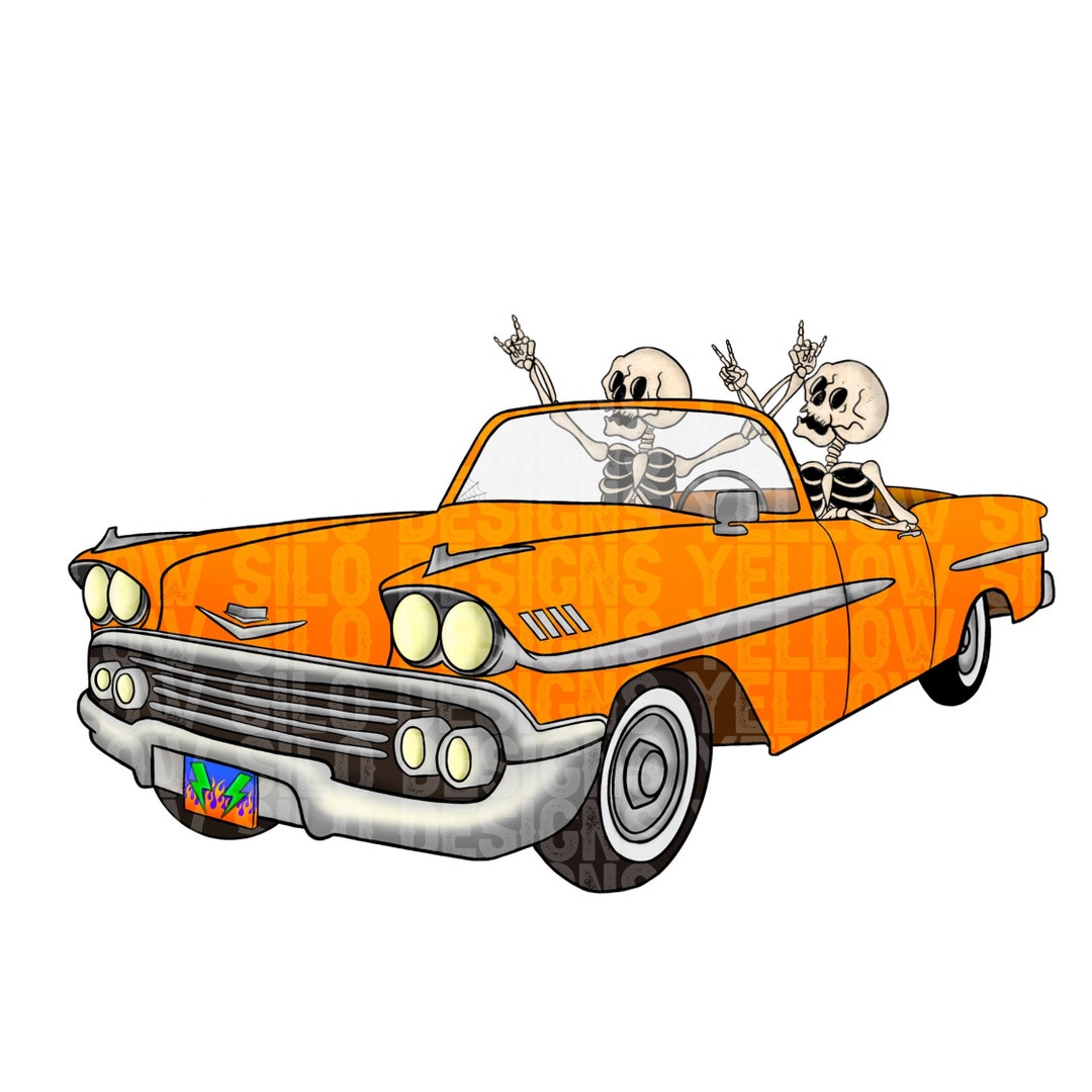 Rock on Skeletons in Orange Classic Car, Hand Drawn, Sublimation or ...