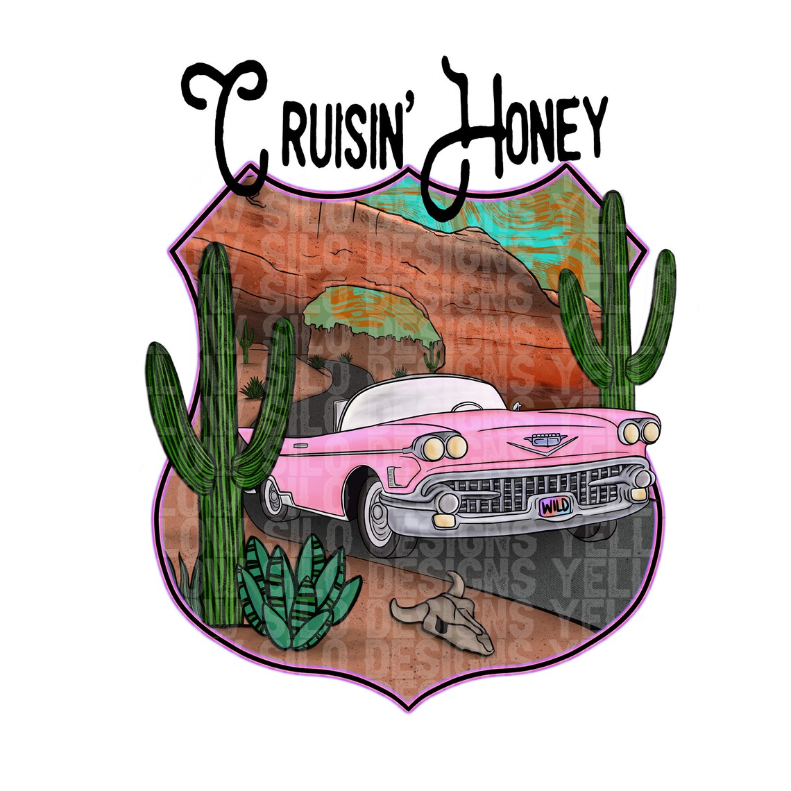 Cruisin' Honey, Pink Cadillac, Desert, Hand Drawn, Sublimation Transfer ...
