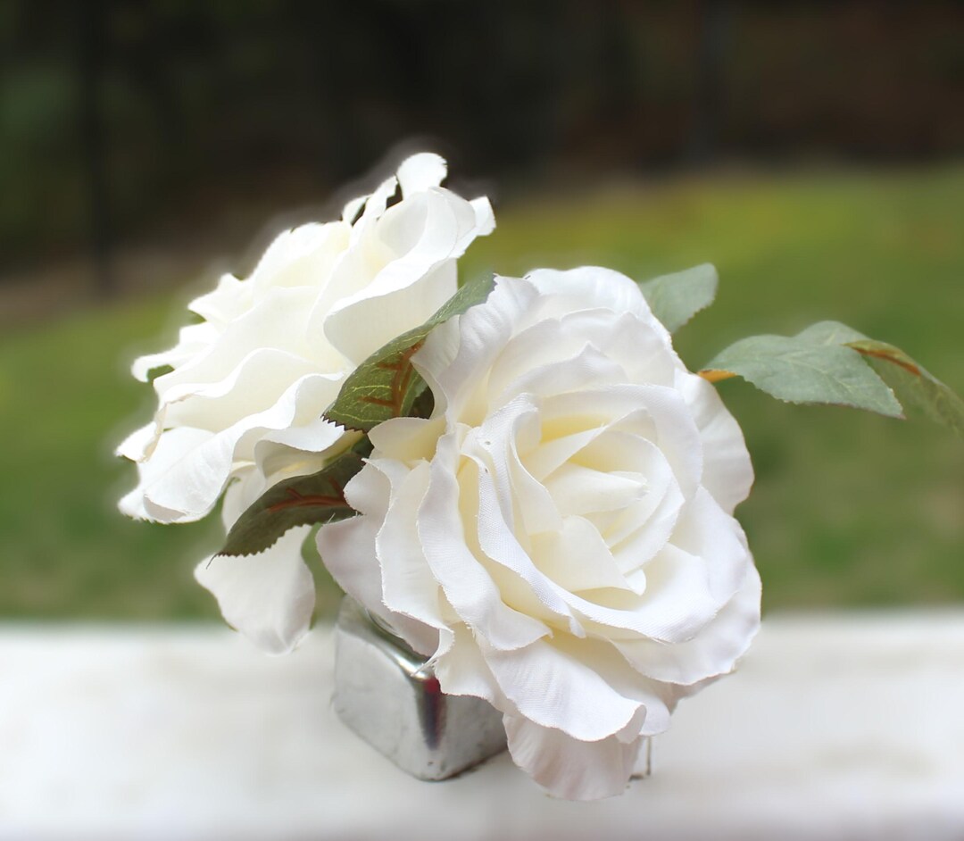 White Silk Rose Arrangement, Silver Jar, Cottage Chic Floral Decor - Etsy