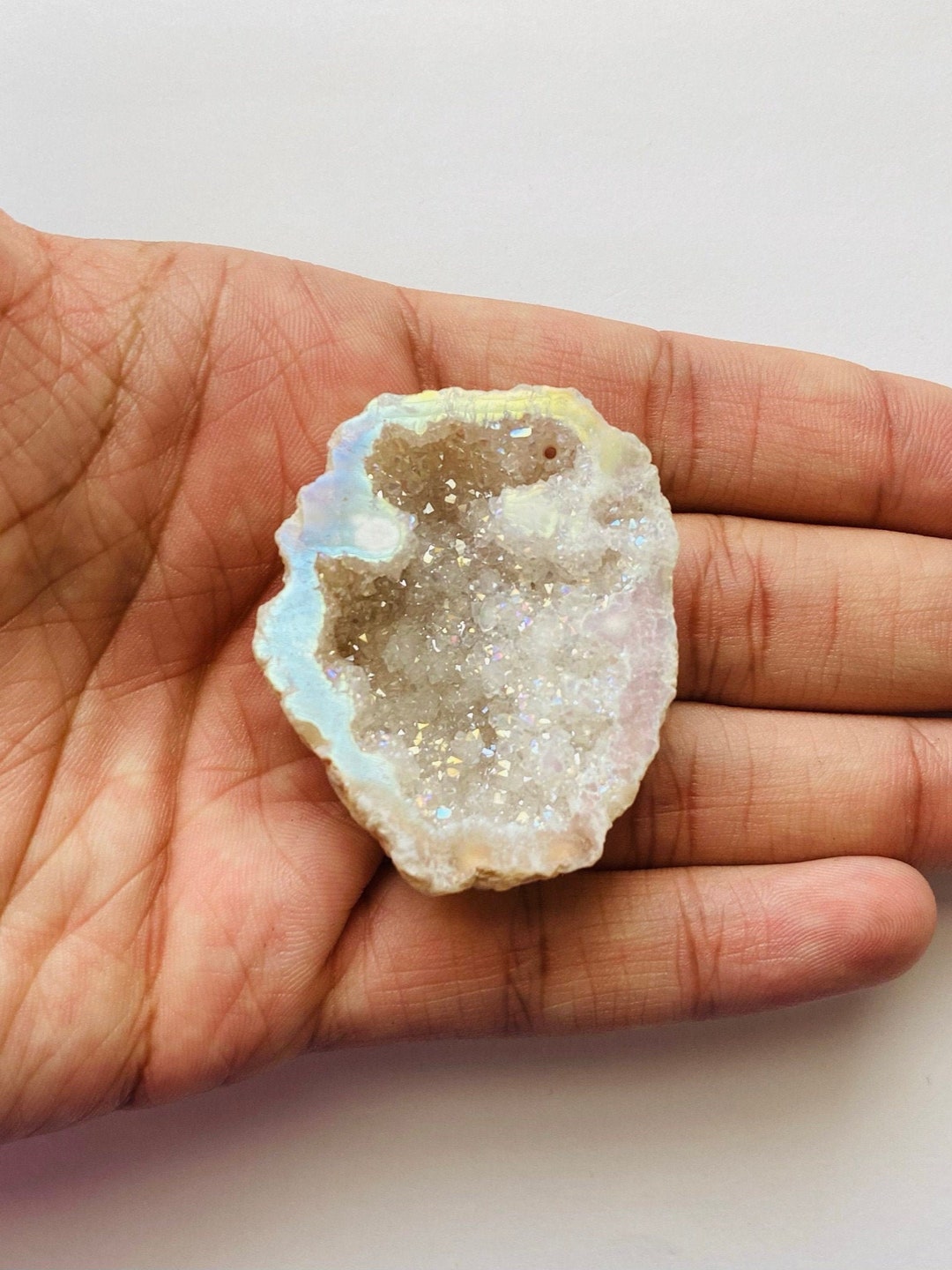 Large Geode Pendant, Opal Druzy Geode, White Raw Opal Druzy, Iridescent ...