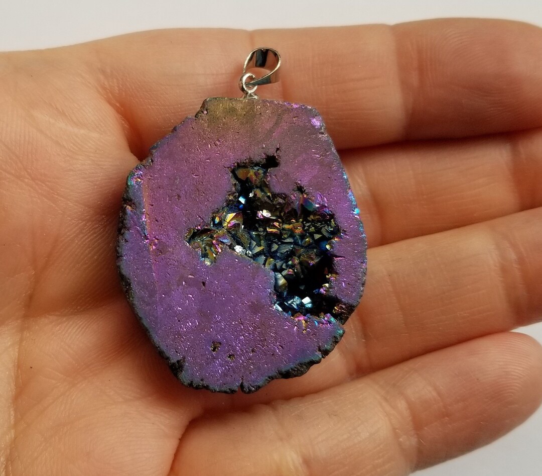 Large Colorful Rainbow Stone, Titanium Geode Pendant, Designer Pendant ...