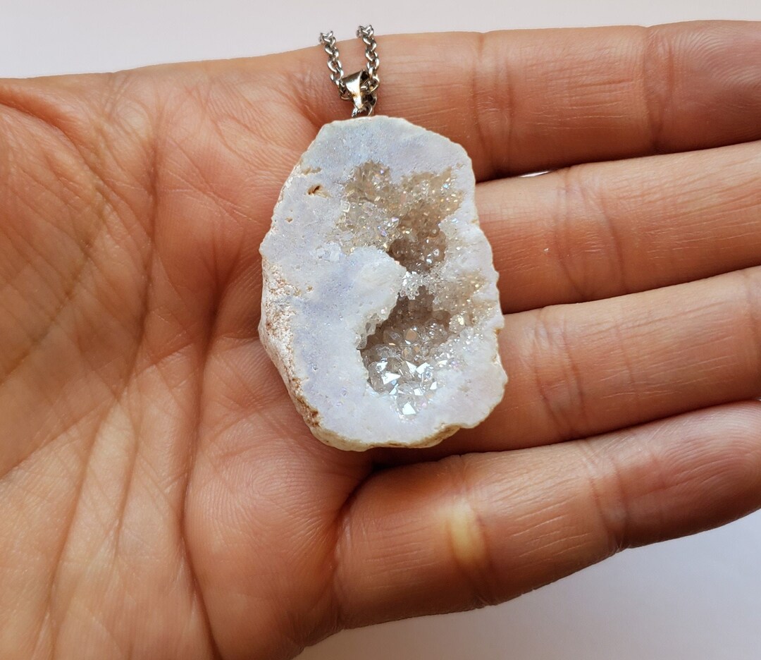 Geode Pendant, Opal Druzy Geode, White Raw Opal Druzy, Iridescent Stone ...