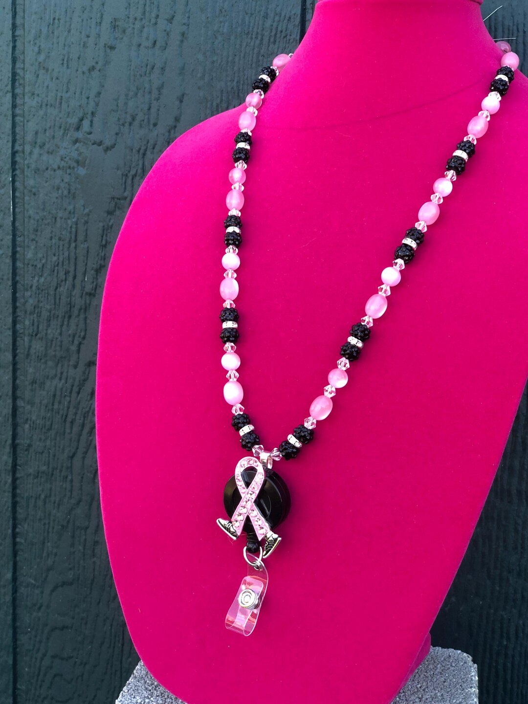 Breast Cancer Awareness Retractable Beaded Badge Lanyard – Pink Ribbon ...