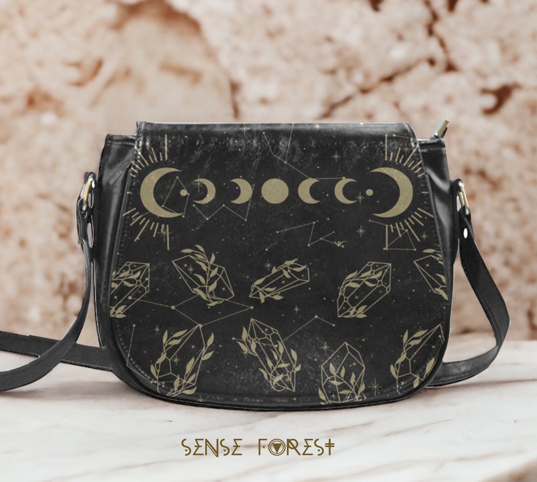 Boho Crystal Black Zipped Saddle Bag, Mystical Moon Vegan Leather Small ...