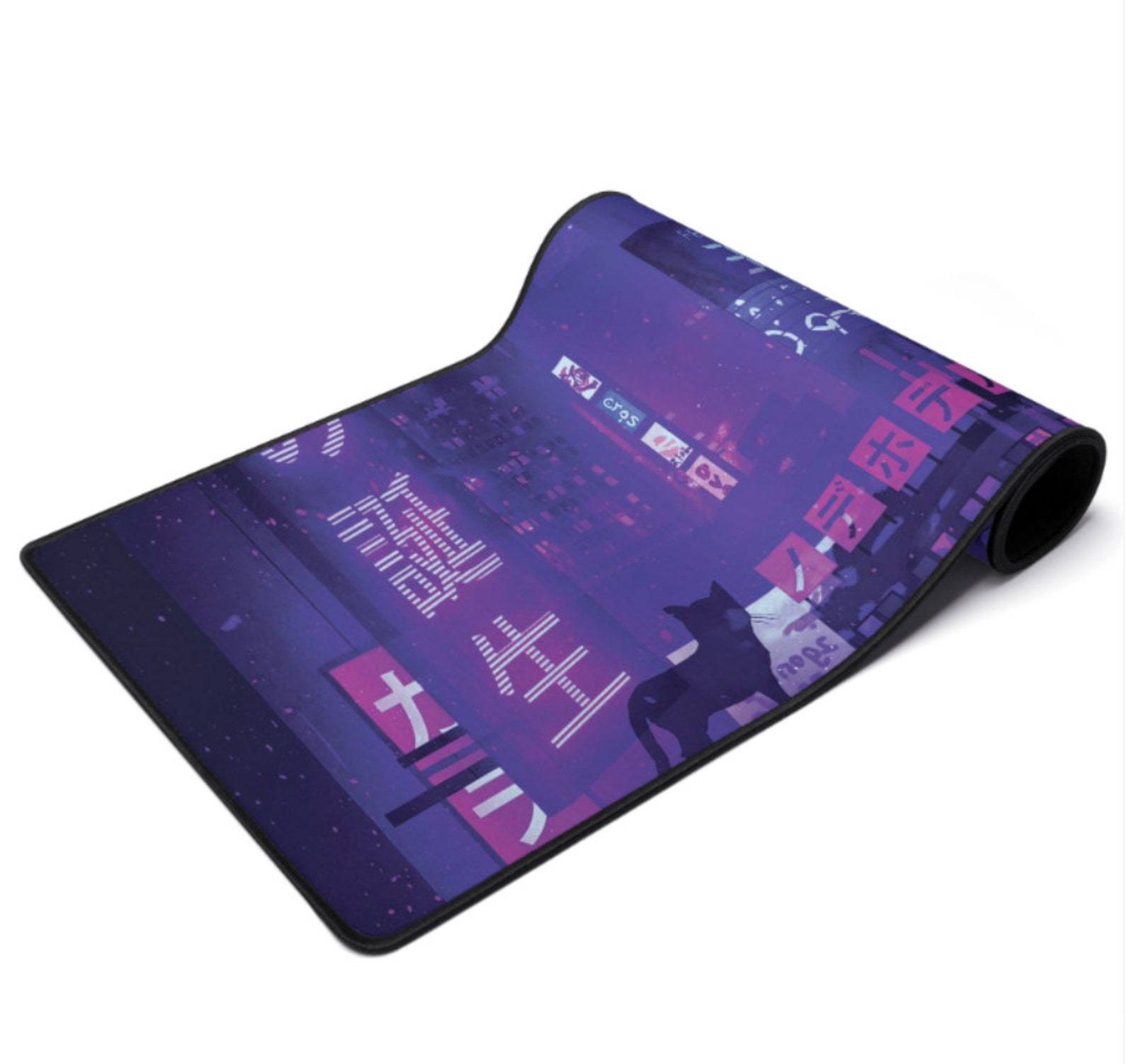 Purple Neon City Japanese Desk Mat Stitched Edges Vaporwave - Etsy
