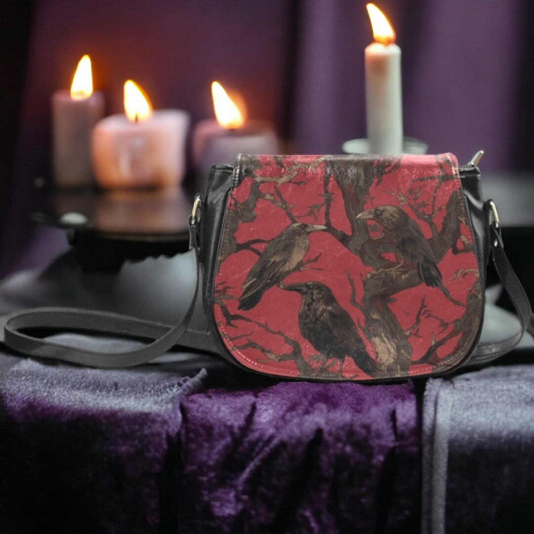 Whimsigoth Red Raven Forest Vegan Leather Boho Saddle Bag, Crow Bird ...