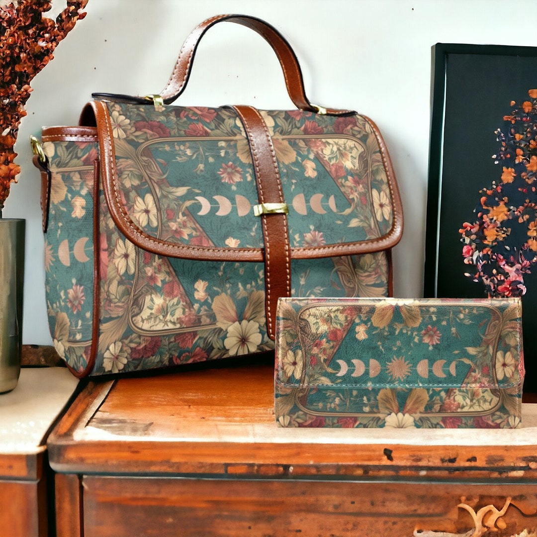 Retro Cottagecore Teal Floral Canvas Doctor Bag and Wallet Gift Set ...