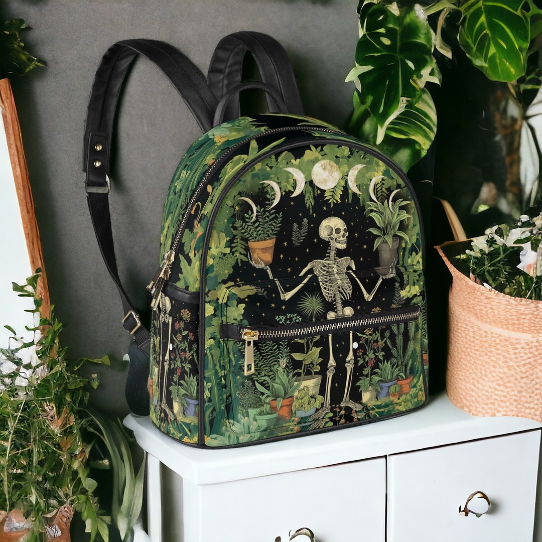 Green Plant Lover Skeleton Black Mini Backpack, Whimsical Nature Vegan ...