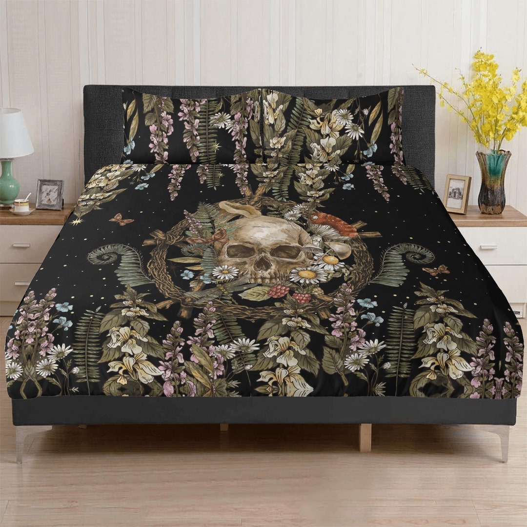 Dark Cottagecore Celestial Mushroom Fern Forest 3 Pcs Beddings, Skull ...