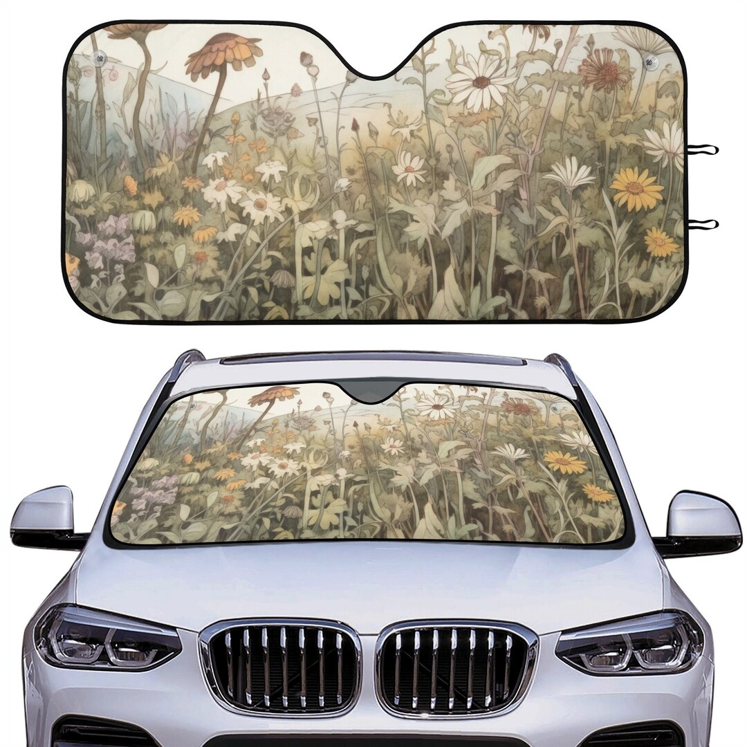 Cottagecore Wildflower Windshield Sunshade, Beige Watercolor Art Car ...