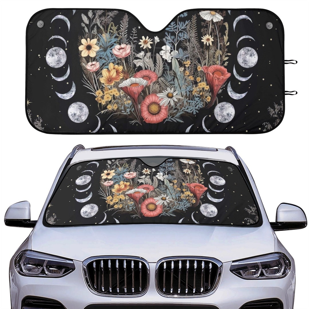 Boho Floral Moon Phase Car Sun Shade for Windshield, Cottagecore Moon ...