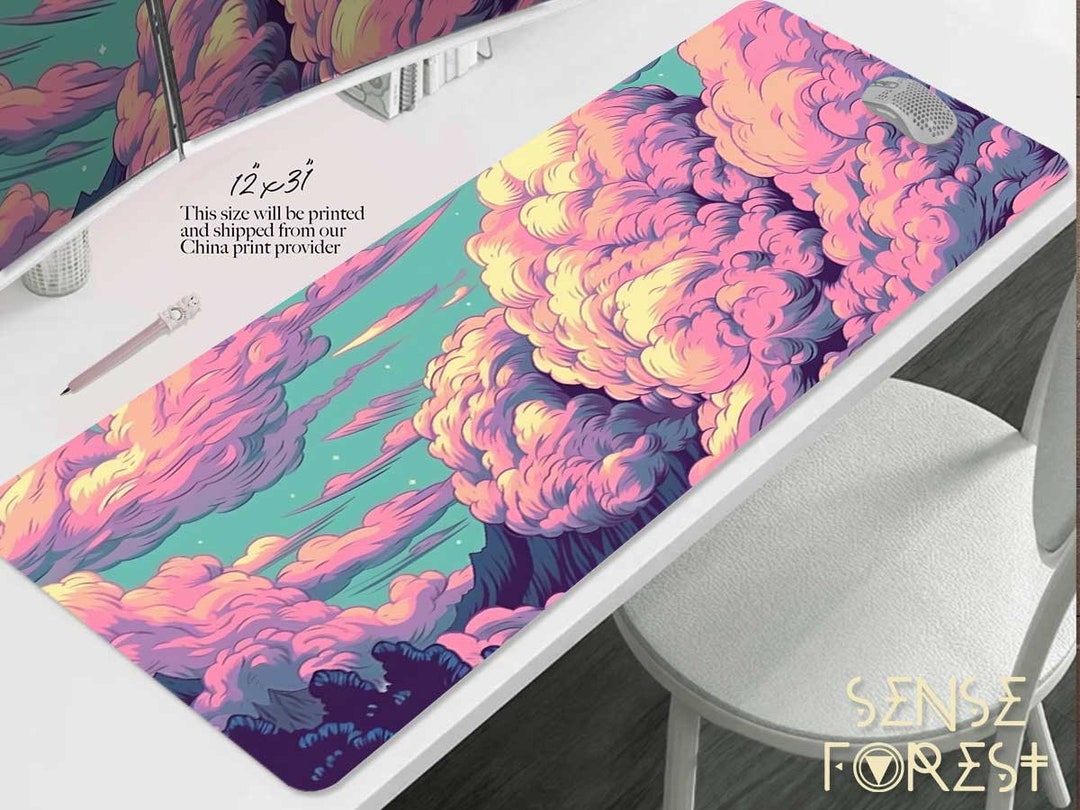 Kawaii Pastel Pink Cloud Desk Mat Anime, Vaporwave Turquoise Sky Lo-fi ...