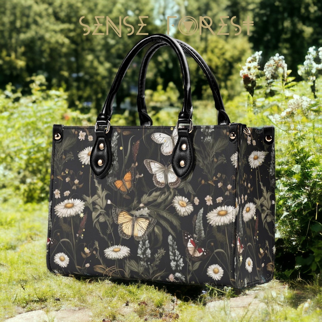 Cottagecore Wildflowers Moth Top Handles Vegan Leather Tote Handbag ...